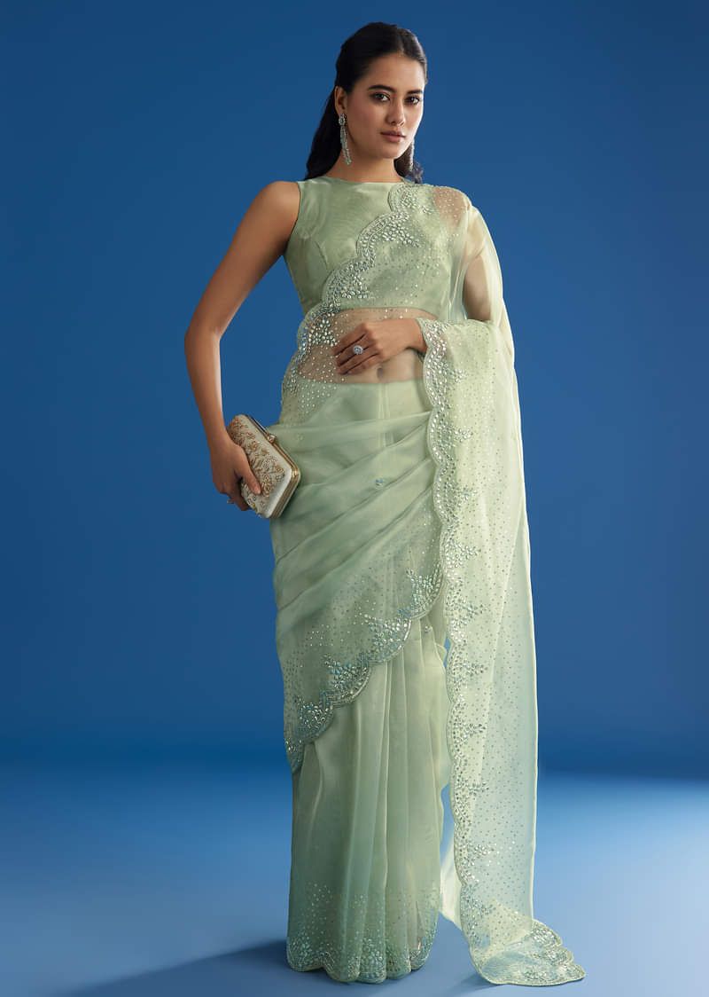 Buy Glass Tissue Saree With All Over Cutdana And Sequins Embroidery