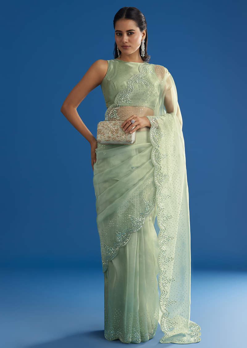 Buy Glass Tissue Saree With All Over Cutdana And Sequins Embroidery