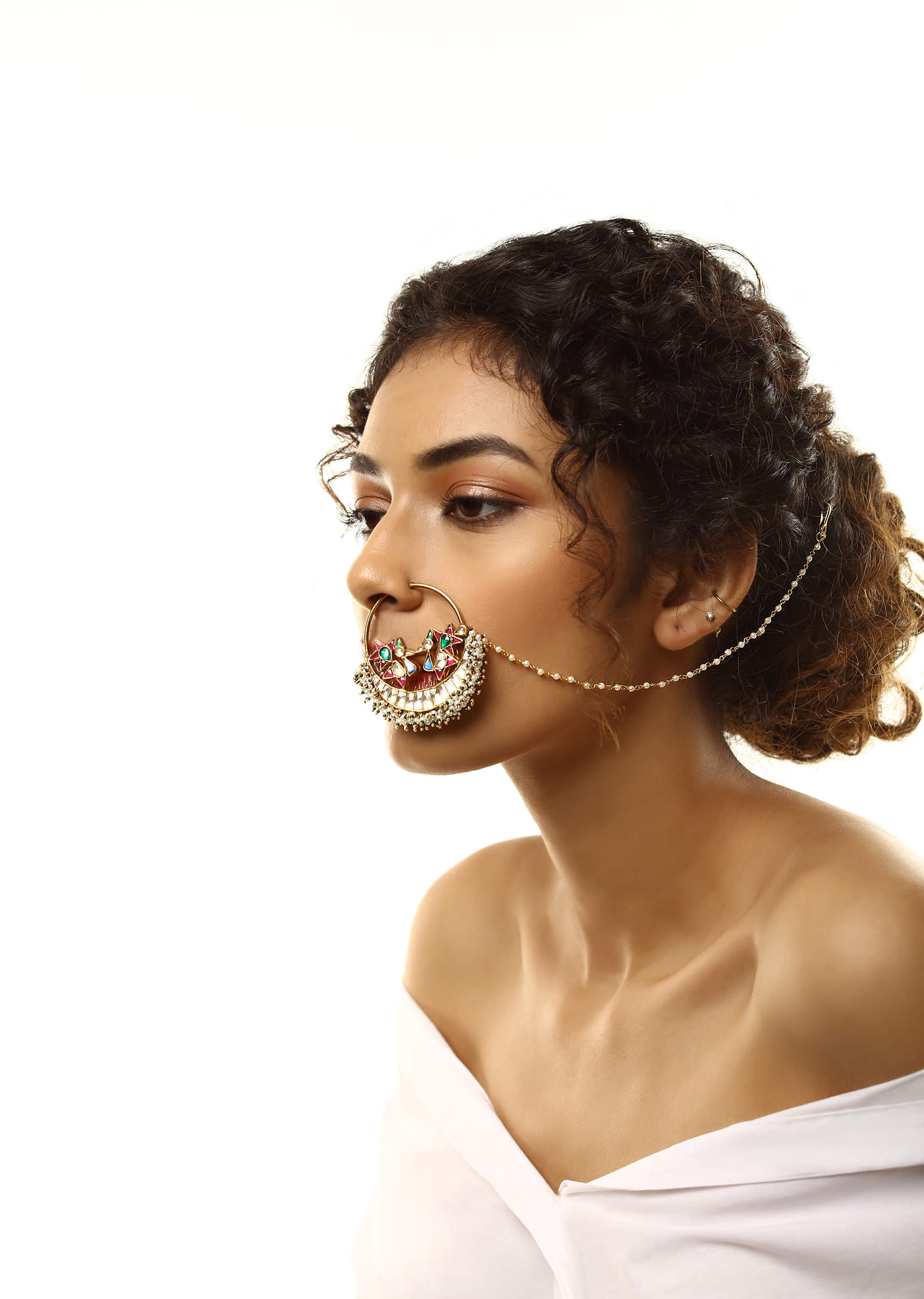 Buy Gold Plated Nose Ring With Kundan Work And Moti Tassels Along With Multi Color Stone Embellished Peacock Motifs