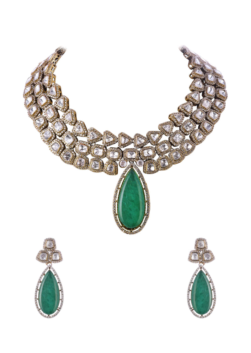 Buy Gold Finish Necklace Set With Mint Green Polki Stones In Mix Metal