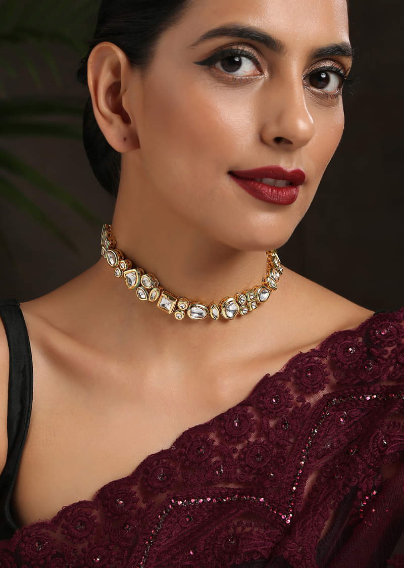 Buy Gold Minimalist Choker Necklace In An Edgy Kundan Design By Paisley Pop