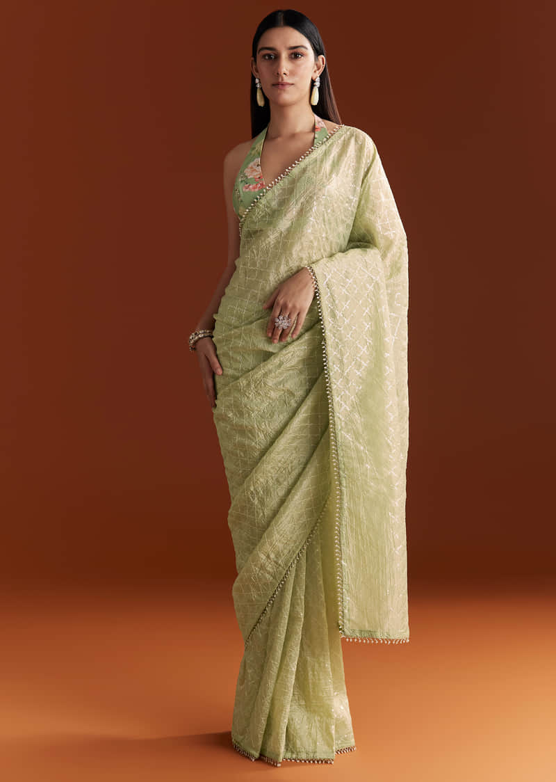 Buy Green Glass Tissue Saree With Sequins And Cutdana Beaded Border ...