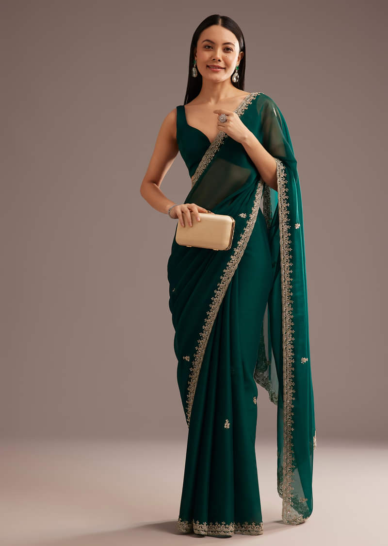 Buy Green Organza Saree With Cutdana And Sequins Border