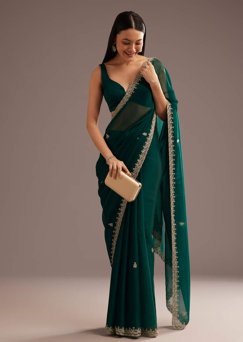 Buy Green Organza Saree With Cutdana And Sequins Border