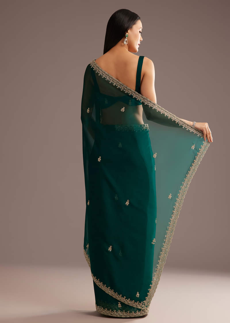 Buy Green Organza Saree With Cutdana And Sequins Border