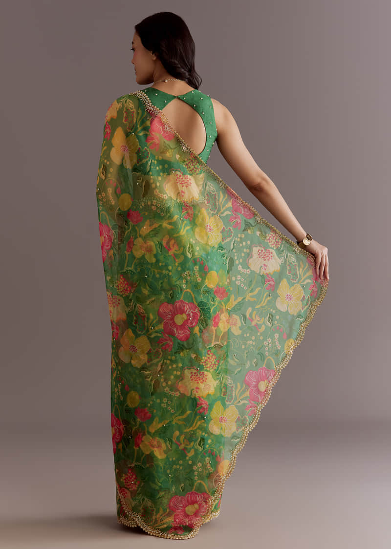 Buy Green Organza Saree With Floral Print And Embellished Border