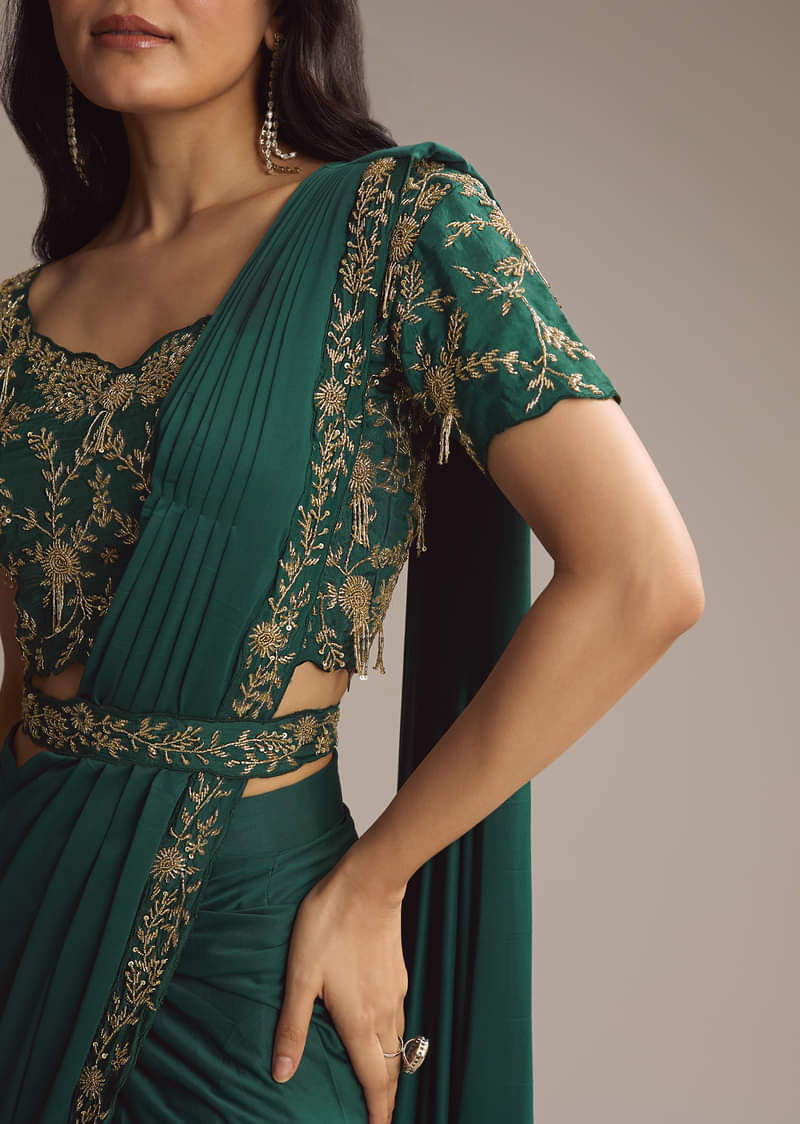 Buy Green Silk Ready Pleated Saree With Cutdana Work | KALKI Fashion Global