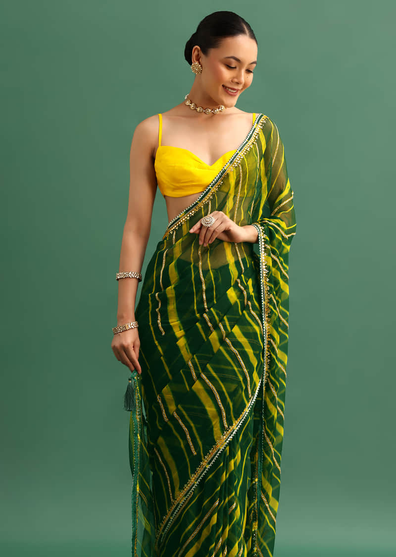 Buy Green Chiffon Leheriya Saree With Kundan Embroidered Border And ...