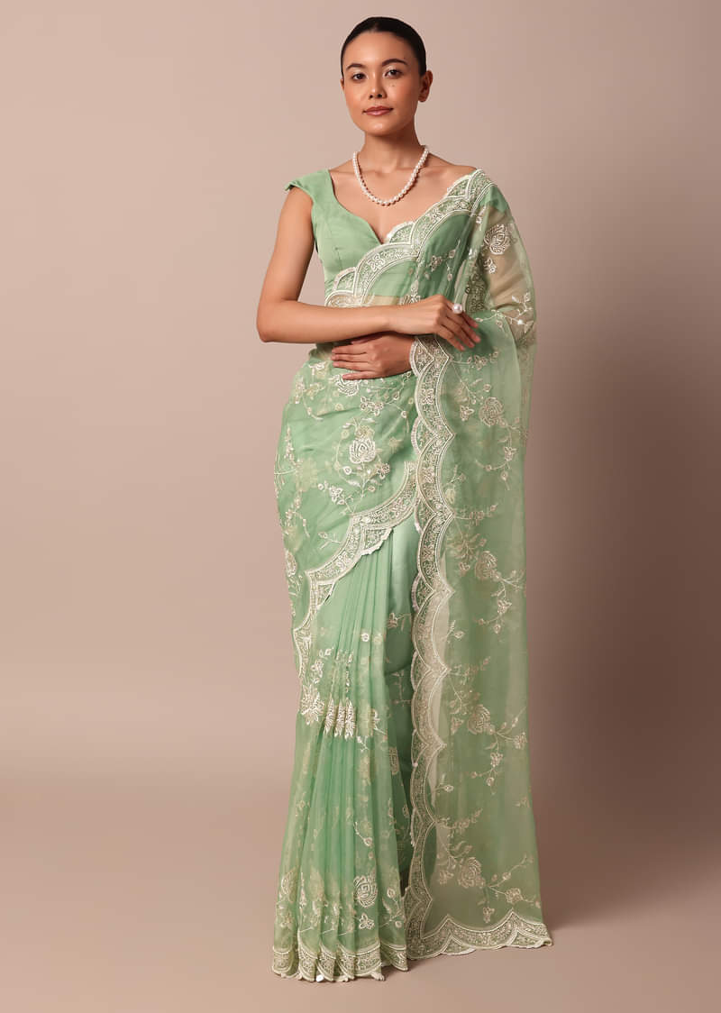 Buy Sea Green Chikankari Saree In Organza Silk With Sequin Scallop ...