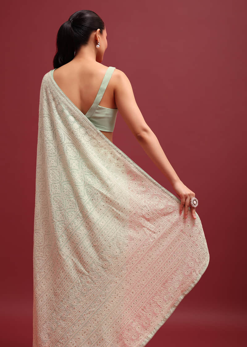 Buy Green Chikankari Saree With Badla Work And Unstitched Blouse