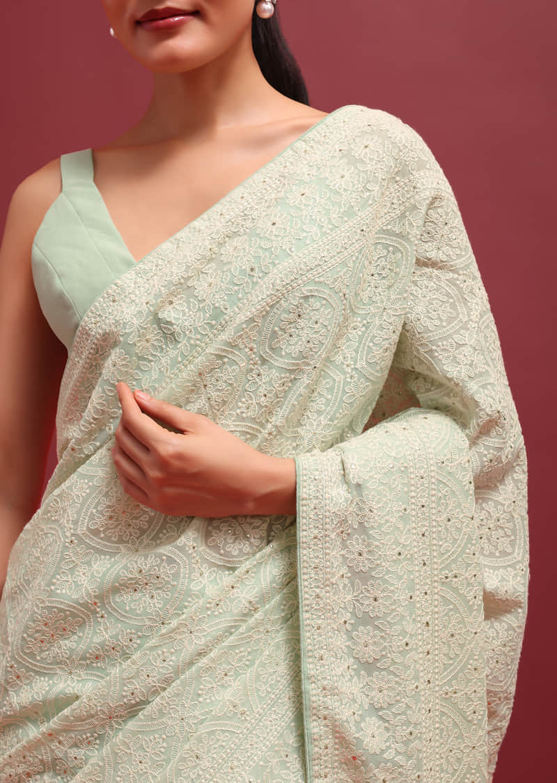 Buy Green Chikankari Saree With Badla Work And Unstitched Blouse