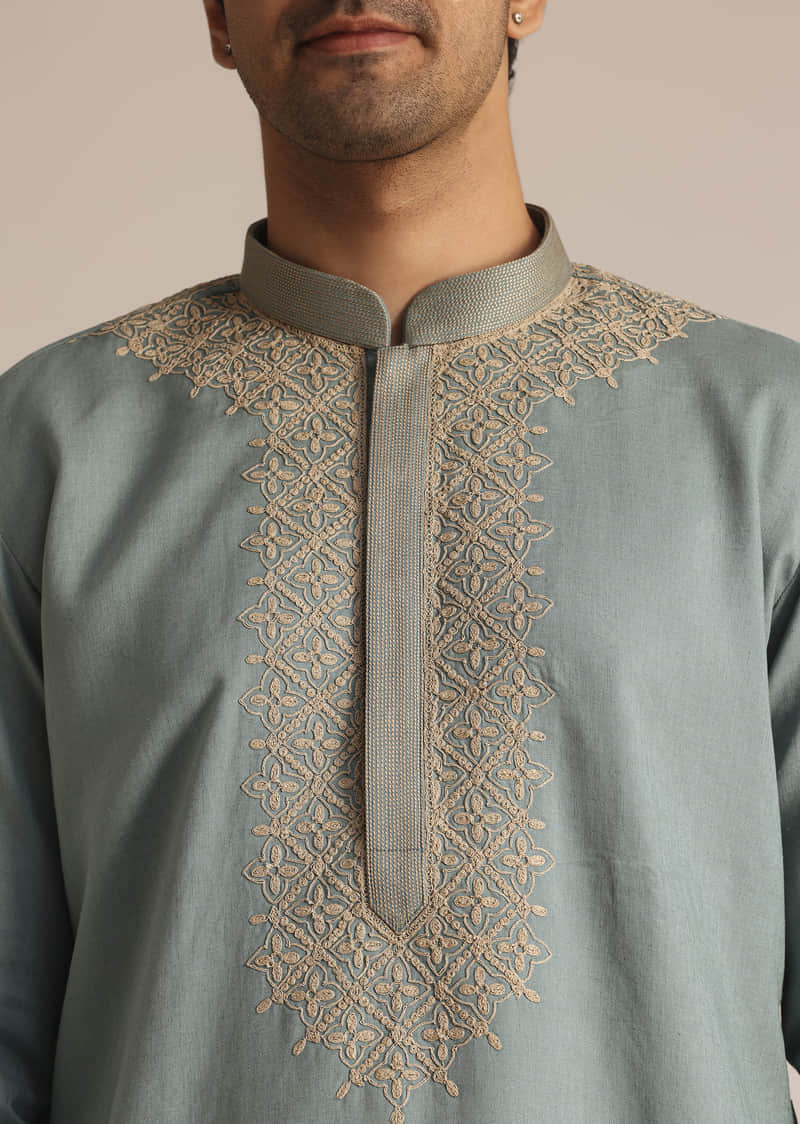 Buy Green Cotton Embroidered Kurta Set