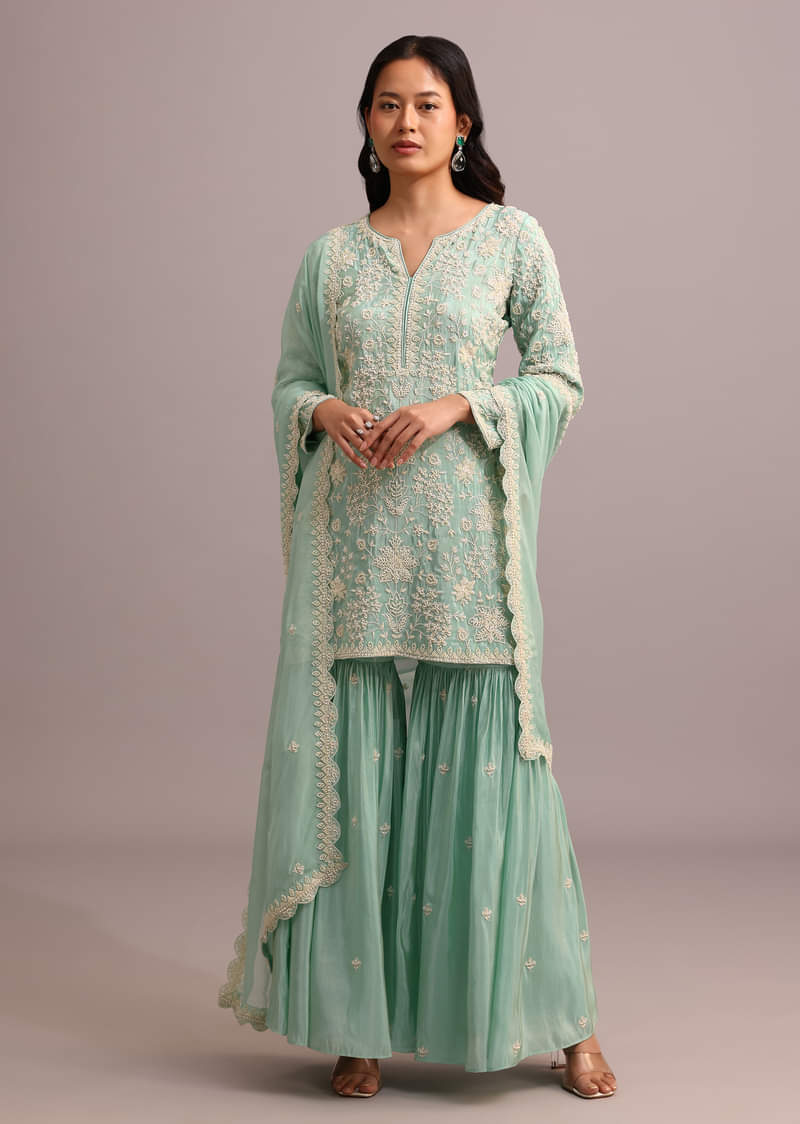 Buy Green Embroidered Sharara Set With Butti Work On Organza Dupatta