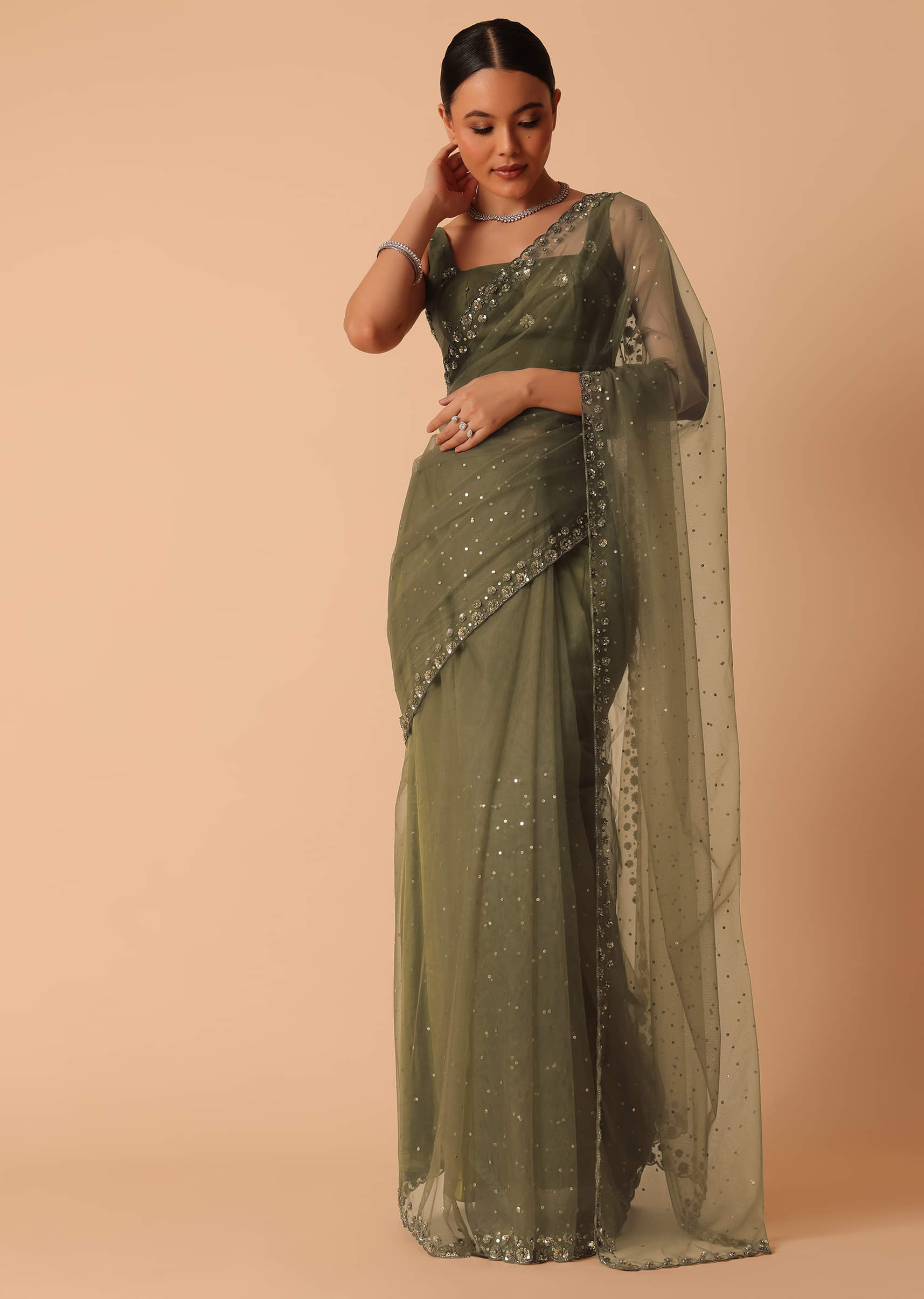 Buy Green Net Saree With Sequin Work And Unstitched Blouse Piece ...