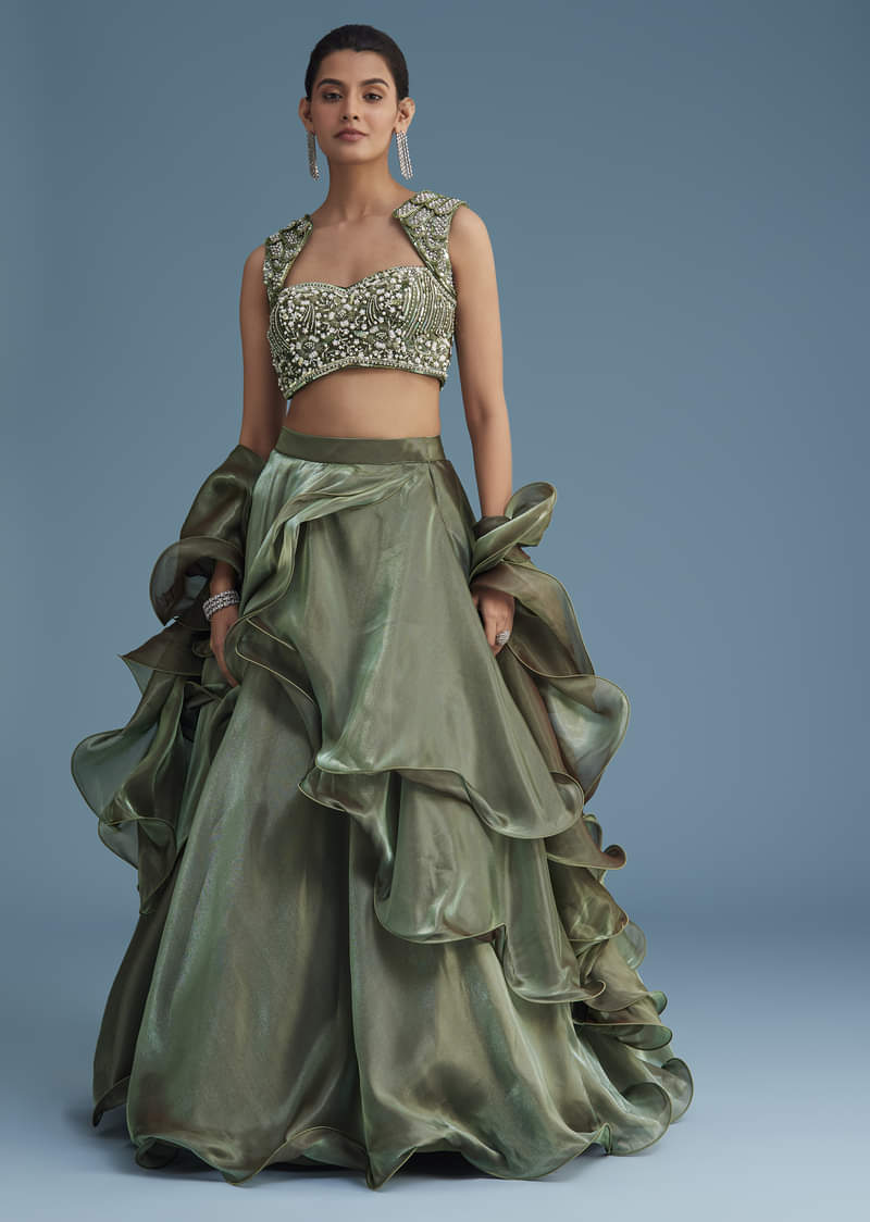 Buy Green Organza Ruffle Lehenga Set With Embellished Blouse