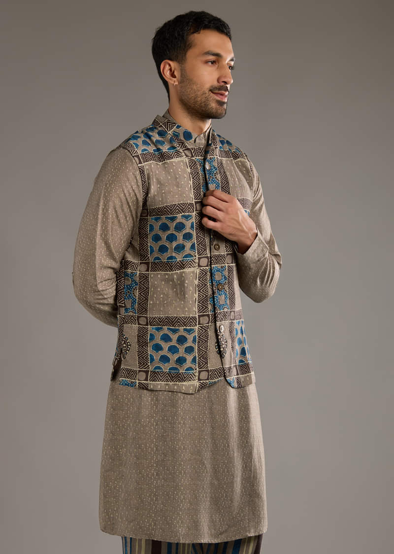 Buy Grey Linen Kurta Jacket Set For Men With Hand Block Ajrakh Print ...