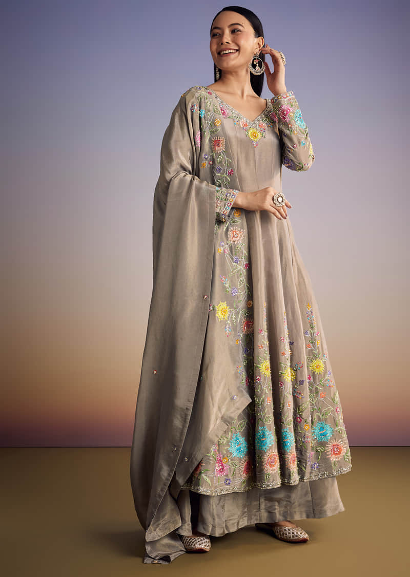Buy Grey Tissue Anarkali Set With Resham And Moti Work| KALKI Fashion ...