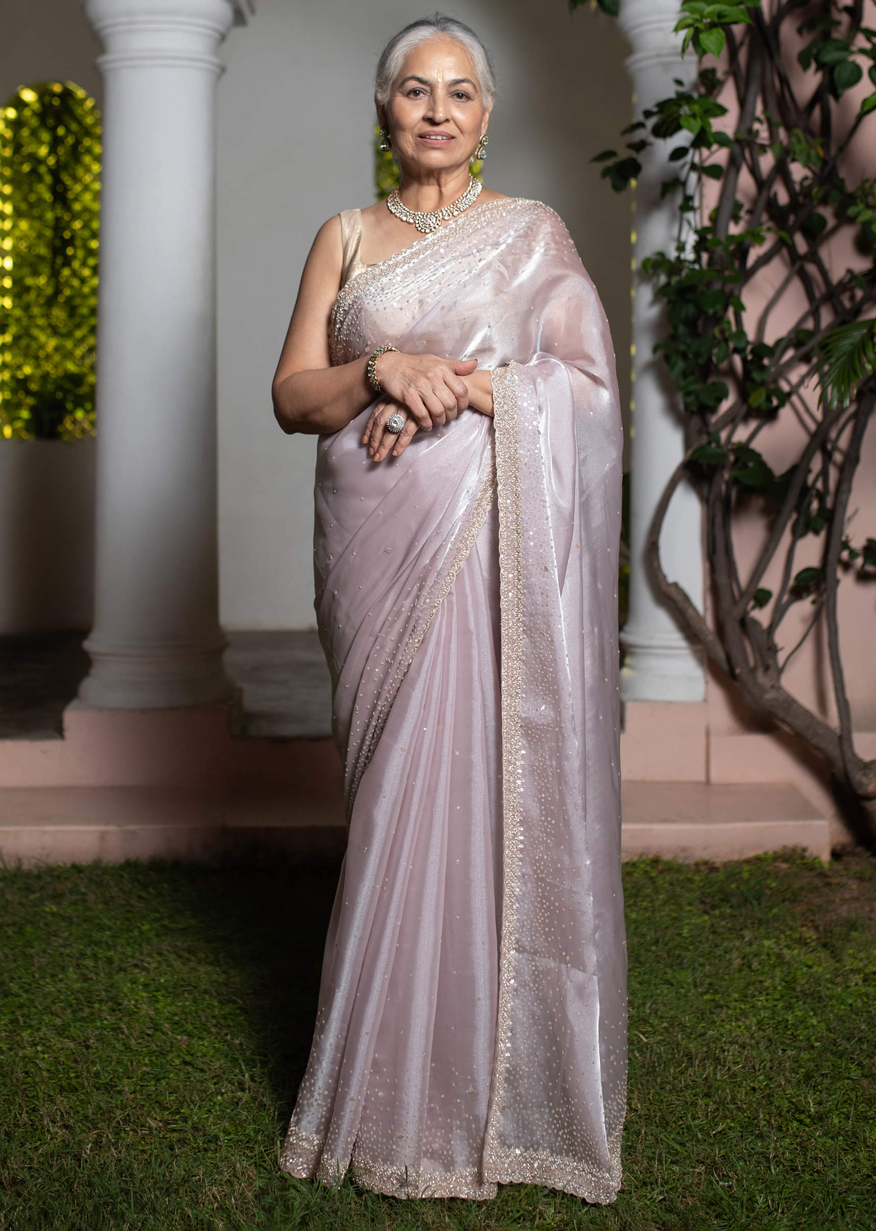 Buy Grey Glass Tissue Silk Cutdana Work Saree With Embellished Scallop ...