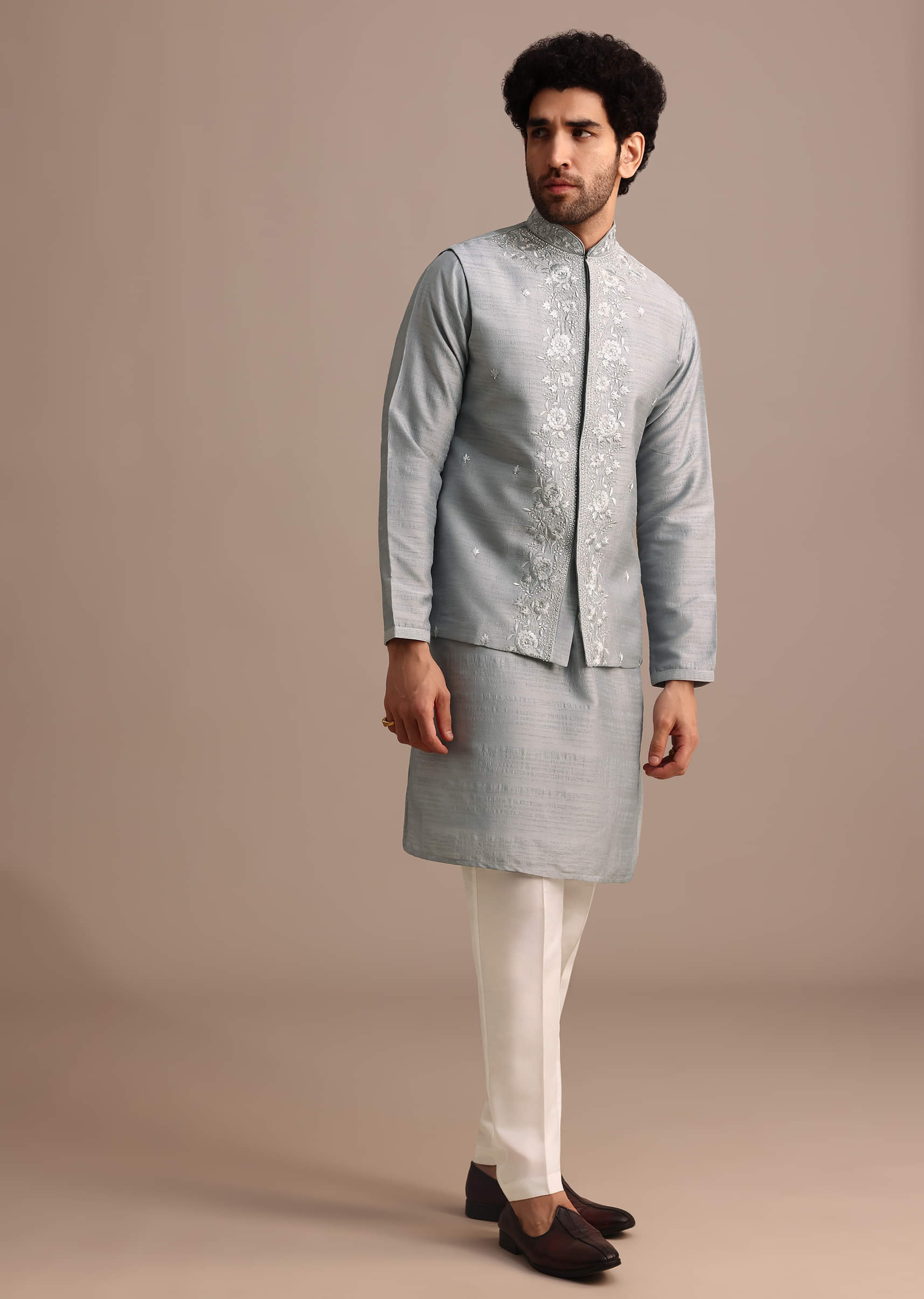 Buy Grey Kurta Jacket Set With Thread Work And Mirror Embroidery For Men