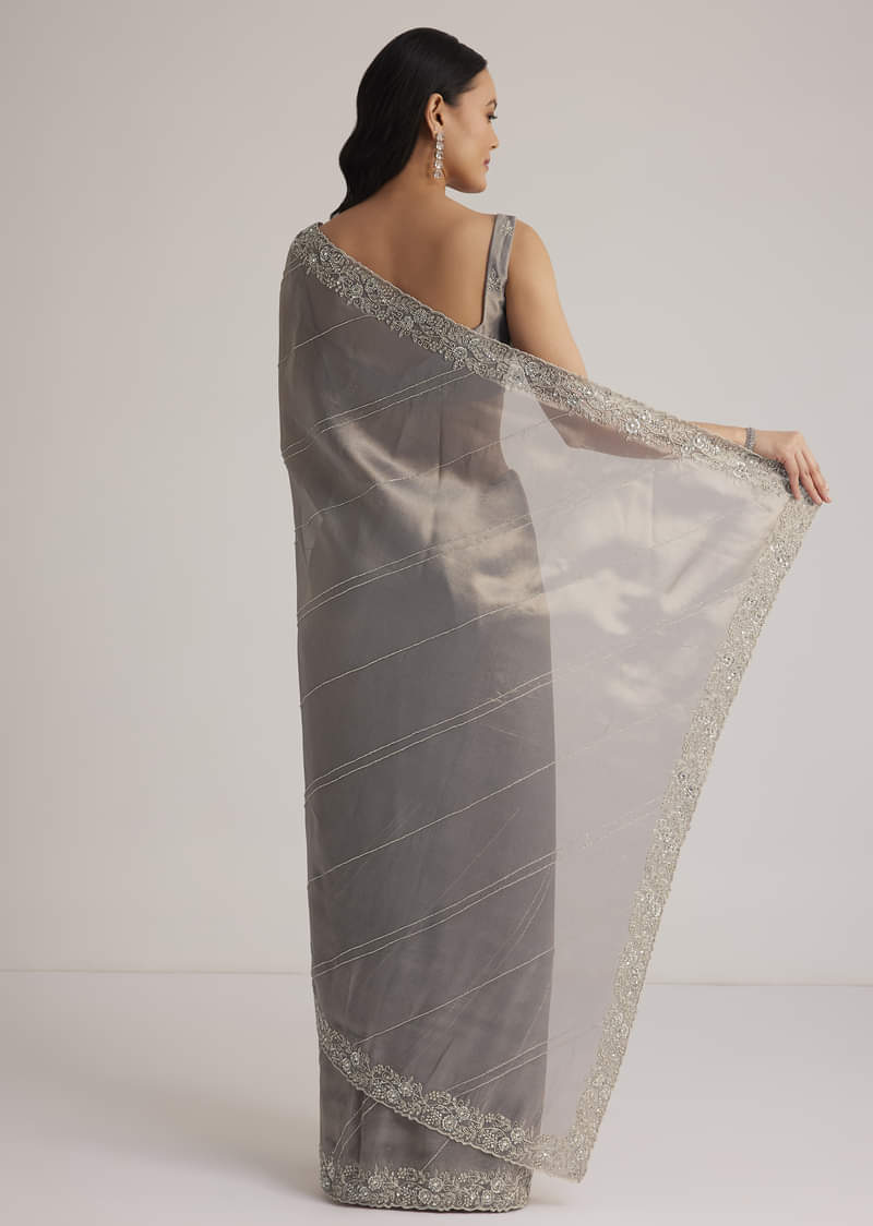 Buy Grey Tissue Embroidered Saree