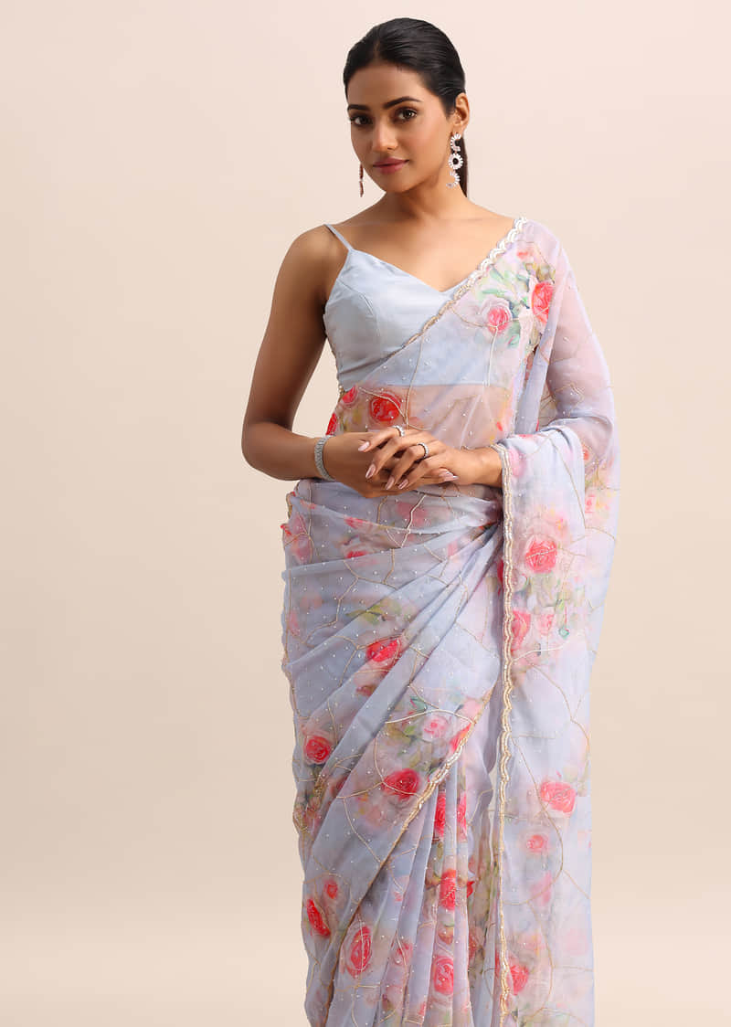 Buy Ice Blue Floral Printed Organza Saree With Cutdana Embroidery And ...