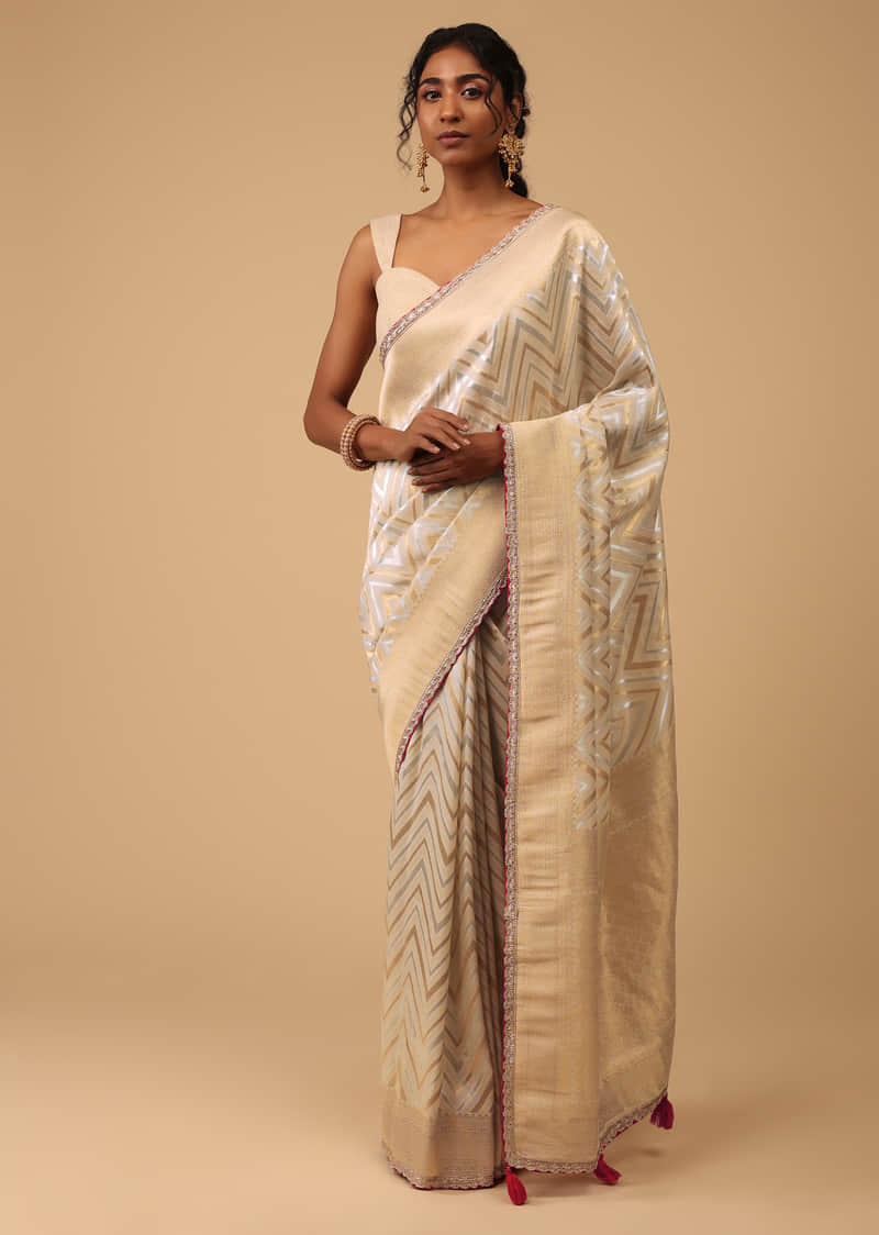 Buy Ivory-White Silk Saree with Gold Zari Weave Online | KALKI Fashion ...