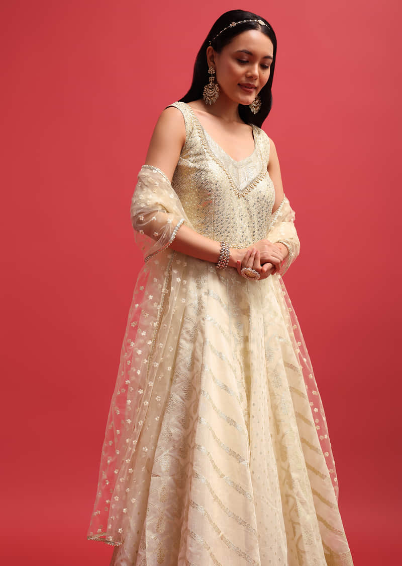 Buy Ivory Chanderi Anarkali Set In Sequins