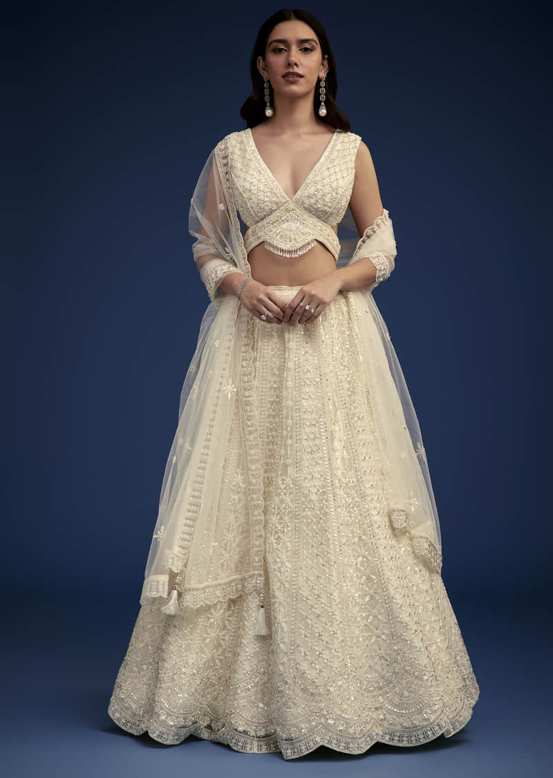 Buy Ivory Lehenga Set With Moti And Resham Work | KALKI Fashion India