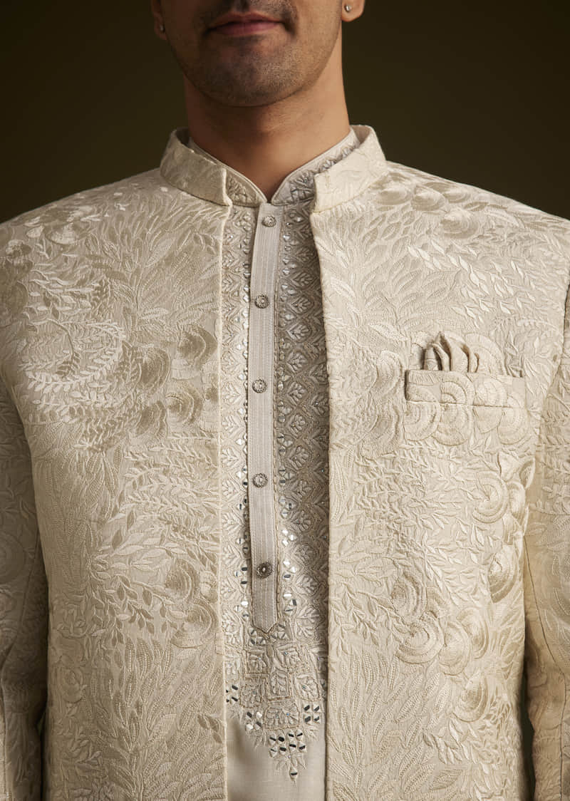 Buy Ivory Silk Sherwani With Intricate Floral Embroidery