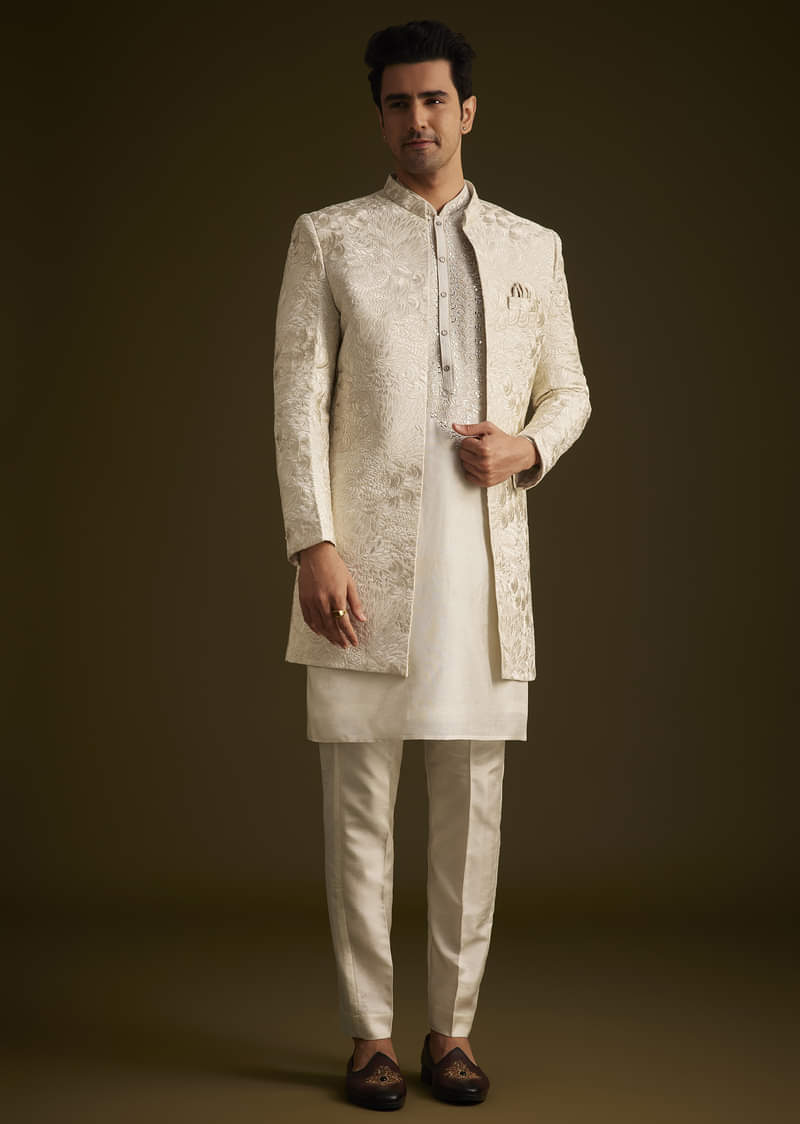 Buy Ivory Silk Sherwani With Intricate Floral Embroidery