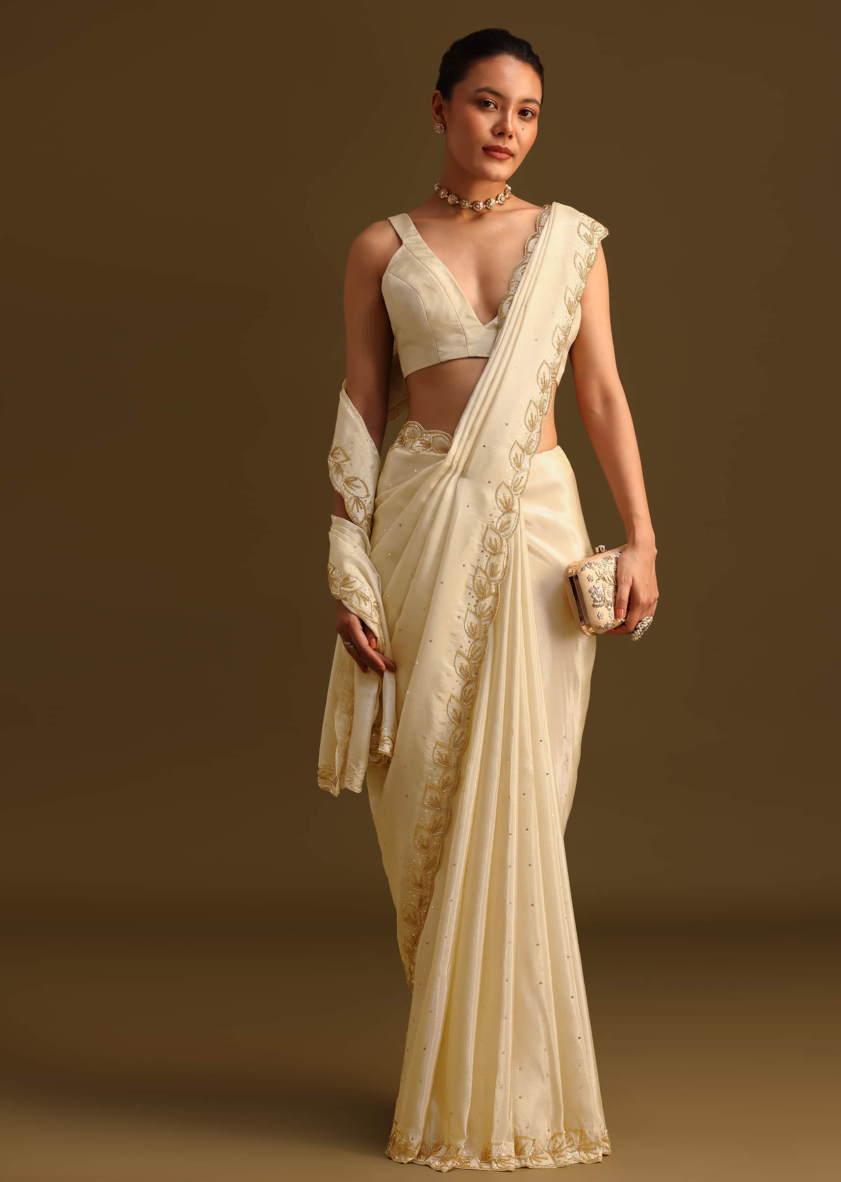 Buy Ivory Tissue Saree With Cutdana Embroidered Border and Unstitched ...
