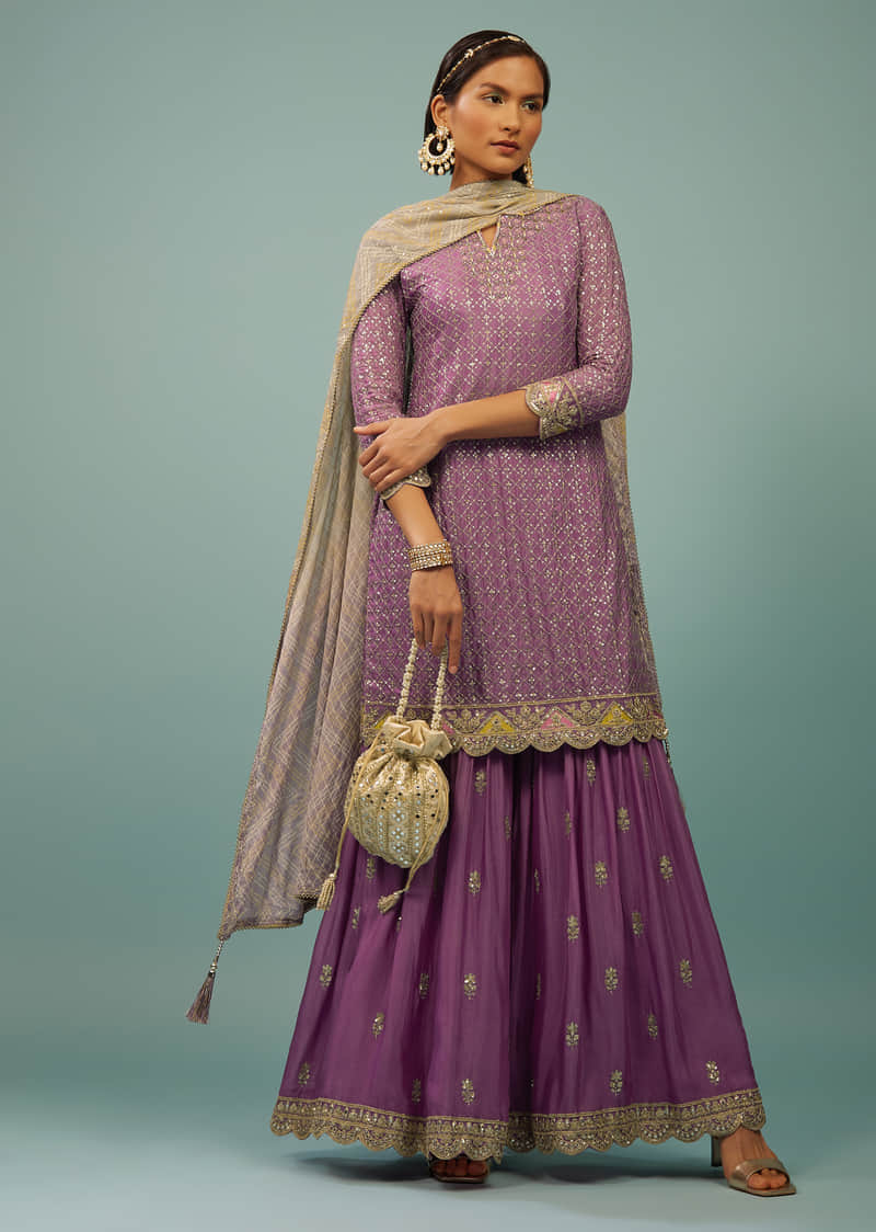 Buy Lavender Purple Sharara Suit With Embroidery And Bandhani Dupatta