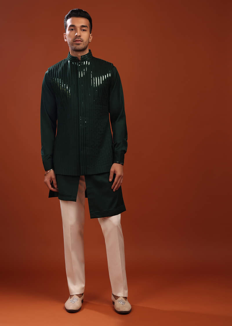 Buy Forest Green Sherwani Set For Groomsmen In Mini Silk | KALKI ...