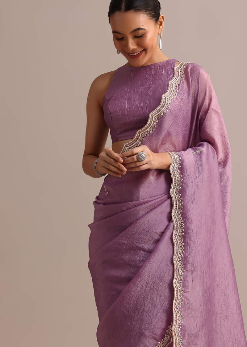 Buy Lavender Crushed Tissue Saree With Moti And Cutdana Embroidered ...