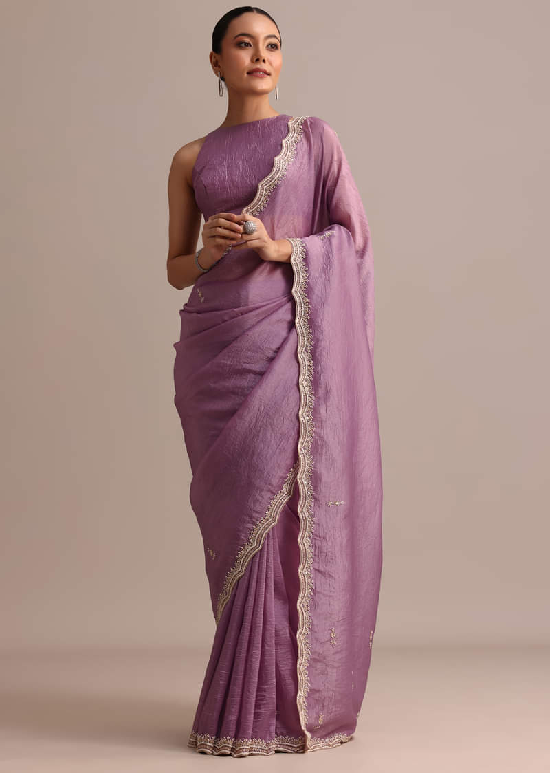 Buy Lavender Crushed Tissue Saree With Moti And Cutdana Embroidered ...