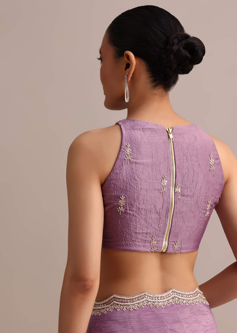 Buy Lavender Crushed Tissue Saree With Moti And Cutdana Embroidered ...