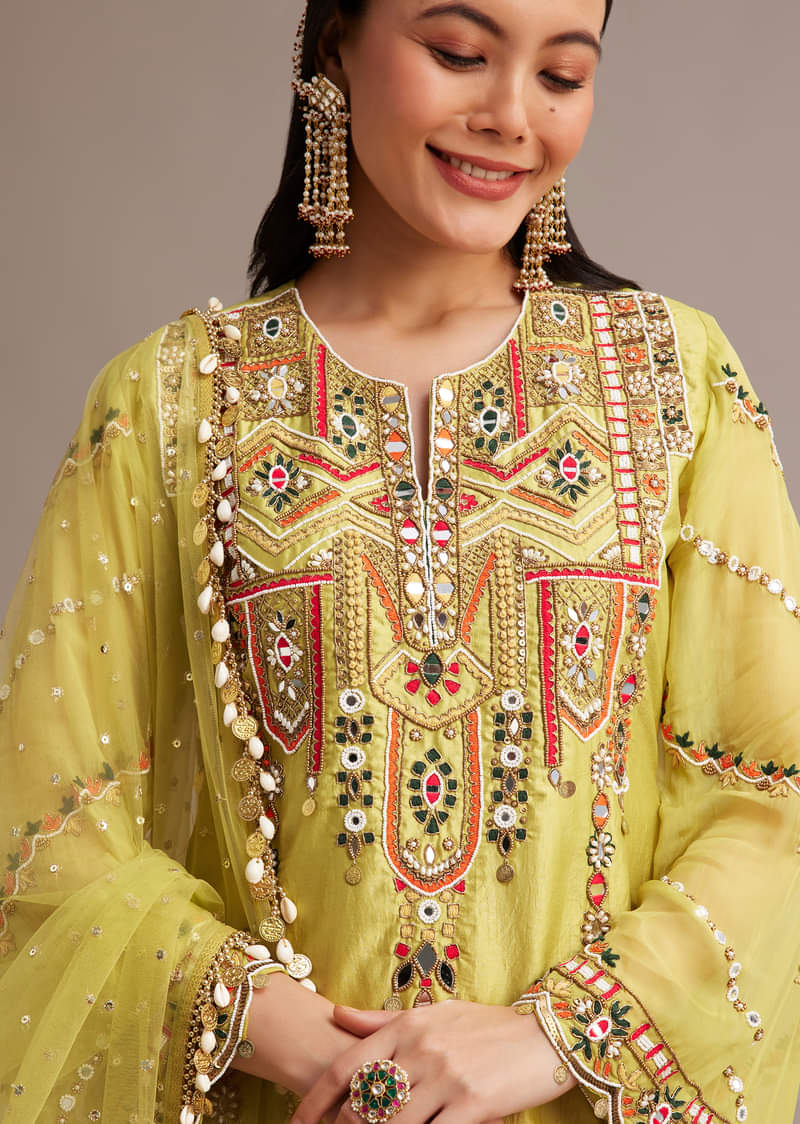 Buy Lemon Yellow Silk Kurta Set With Mirror And Thread Work