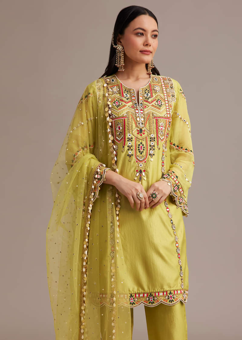 Buy Lemon Yellow Silk Kurta Set With Mirror And Thread Work