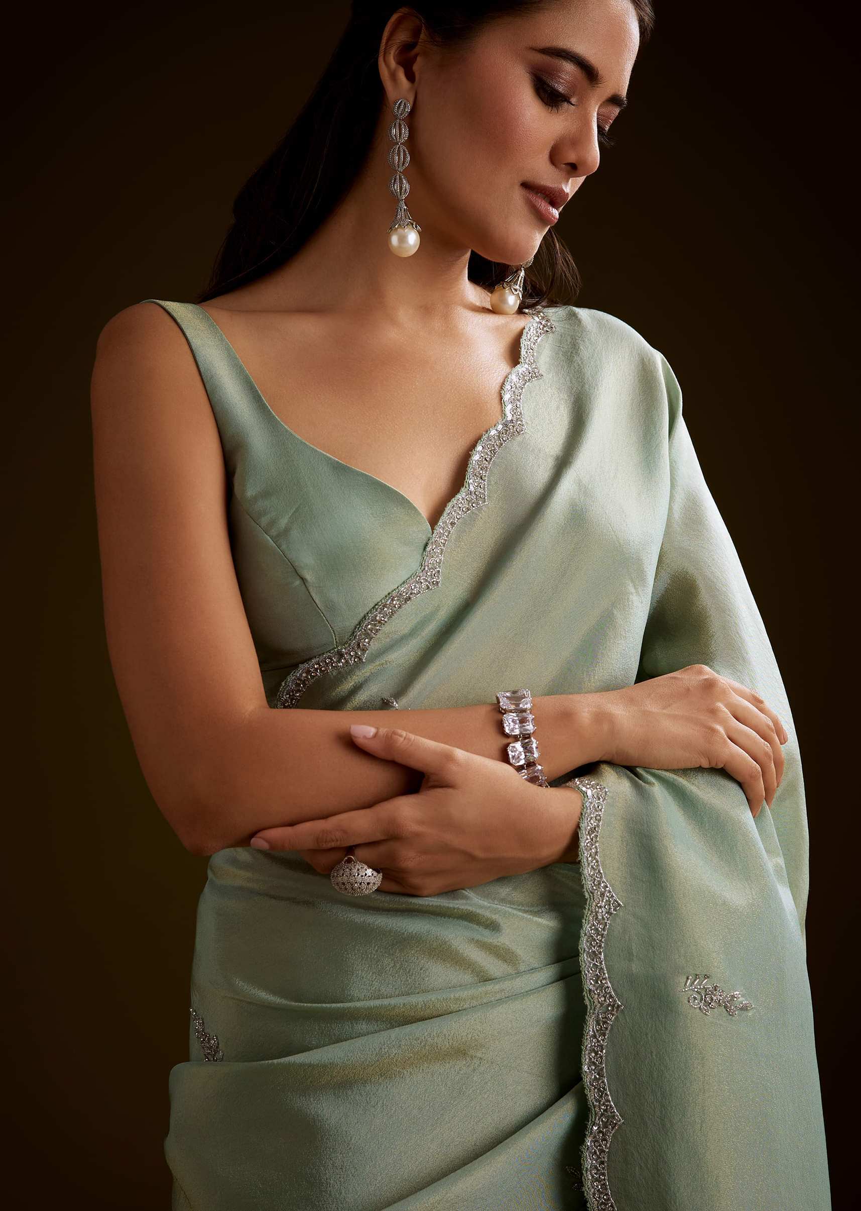 Buy Light Green Tissue Saree With Cutdana Embroidery And Scallop Border