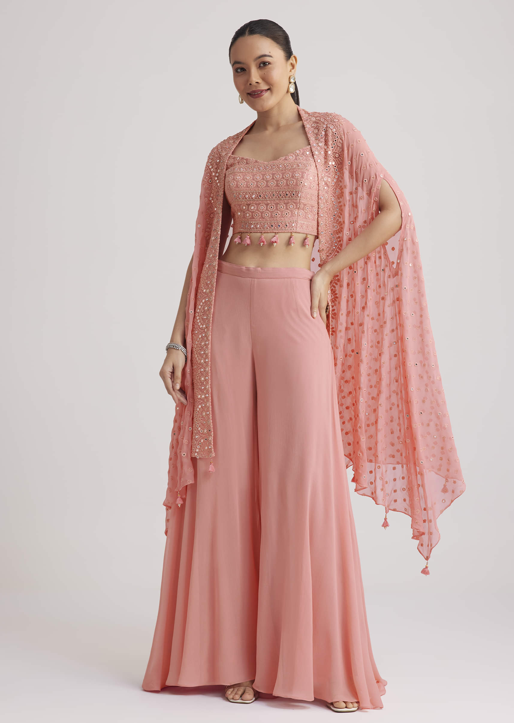 Buy Light Pink Georgette Palazzo Set With Embroidered Cape | KALKI ...