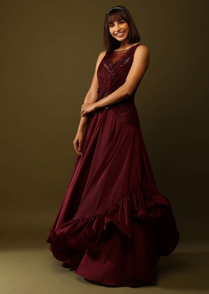 Buy Maroon Gown With Ruched Bodice And Fancy Ruffled Hem| KALKI Fashion ...
