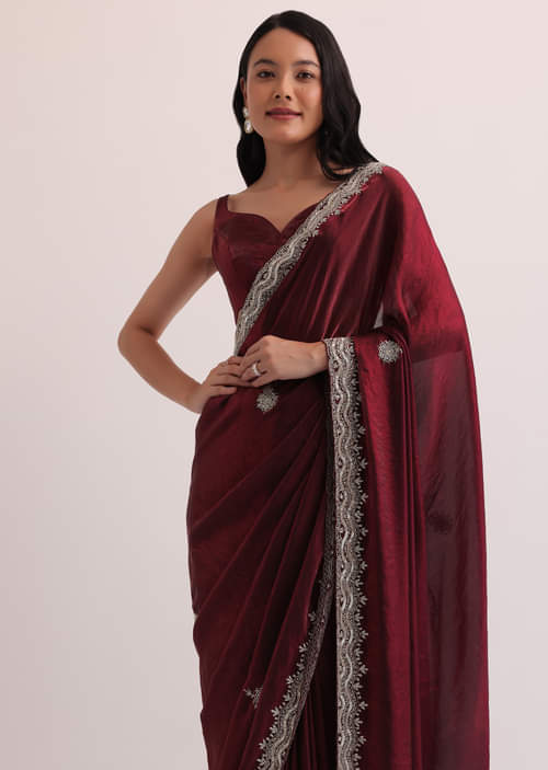 Buy Maroon Red Organza Saree With Scalloped Border