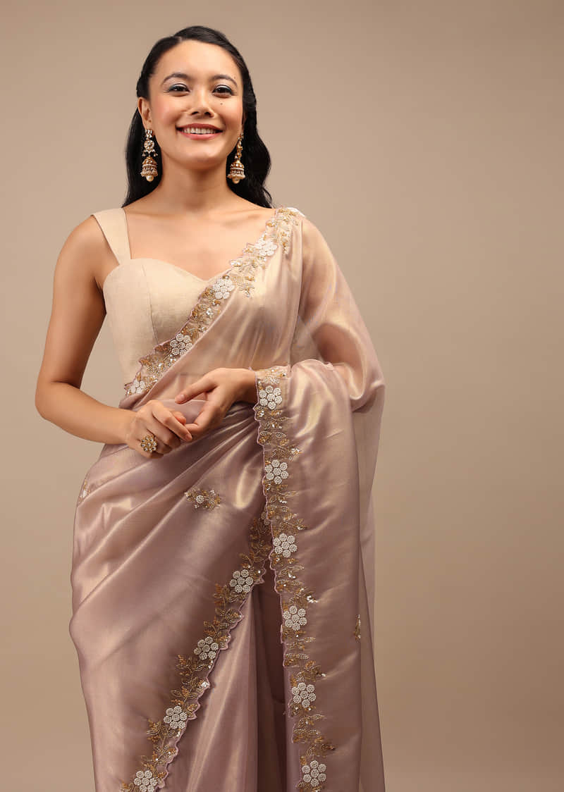 Buy White Moti and Cut Dana Embroidery Mauve Tissue Saree | KALKI ...