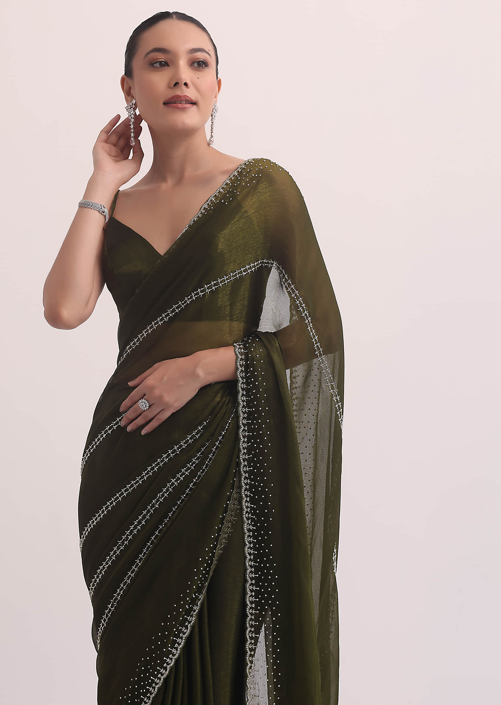 Buy Mehendi Green Chiffon Saree In Cut Dana Embroidery With Unstitched ...