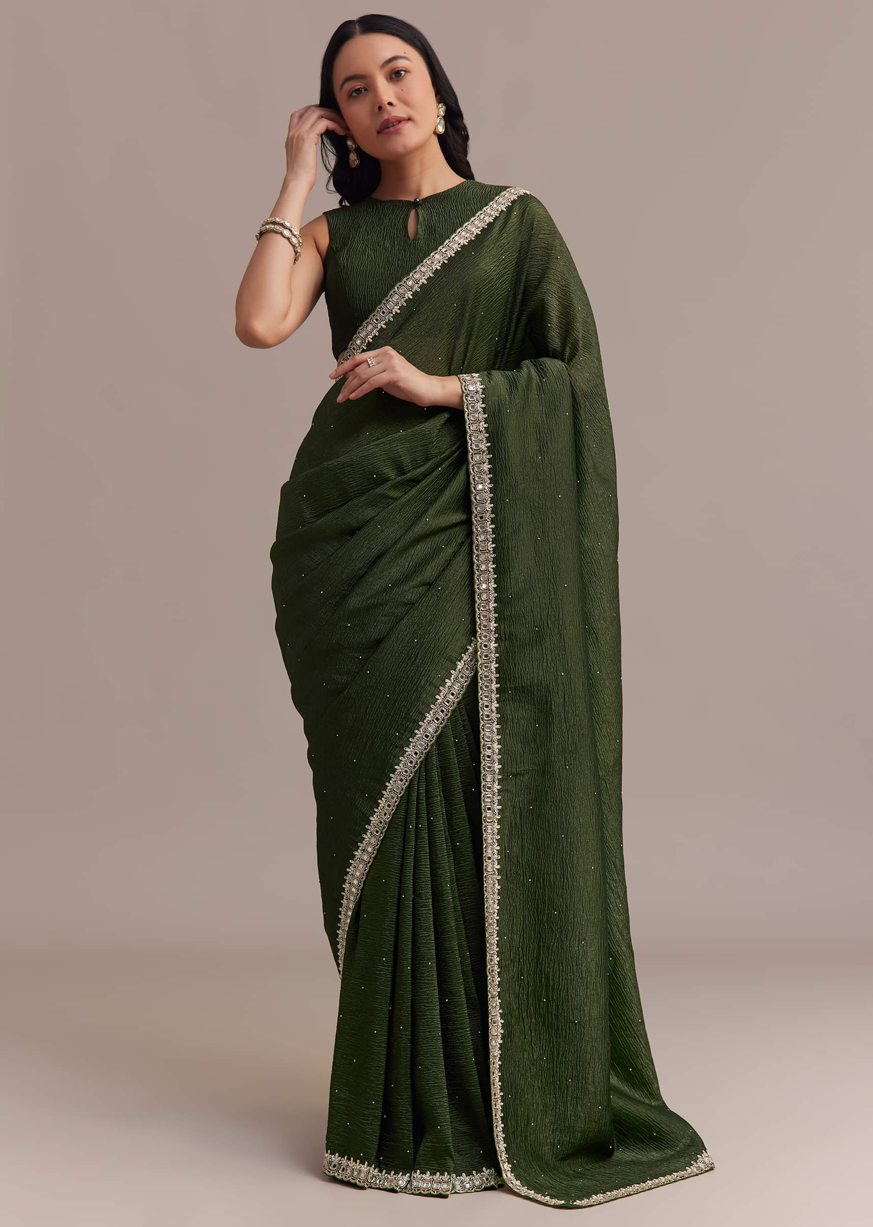 Buy Mehendi Green Crushed Tissue Saree With Embellished Border | KALKI ...