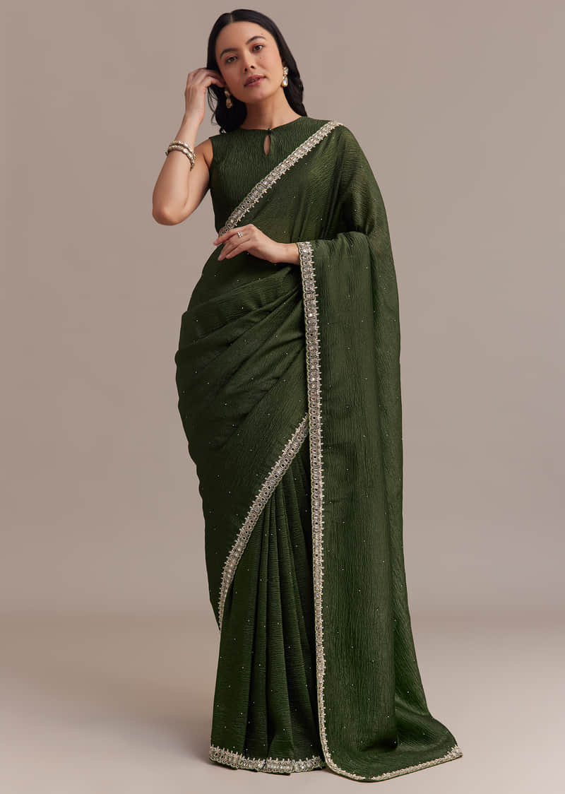 Buy Mehendi Green Crushed Tissue Saree With Embellished Border | KALKI ...