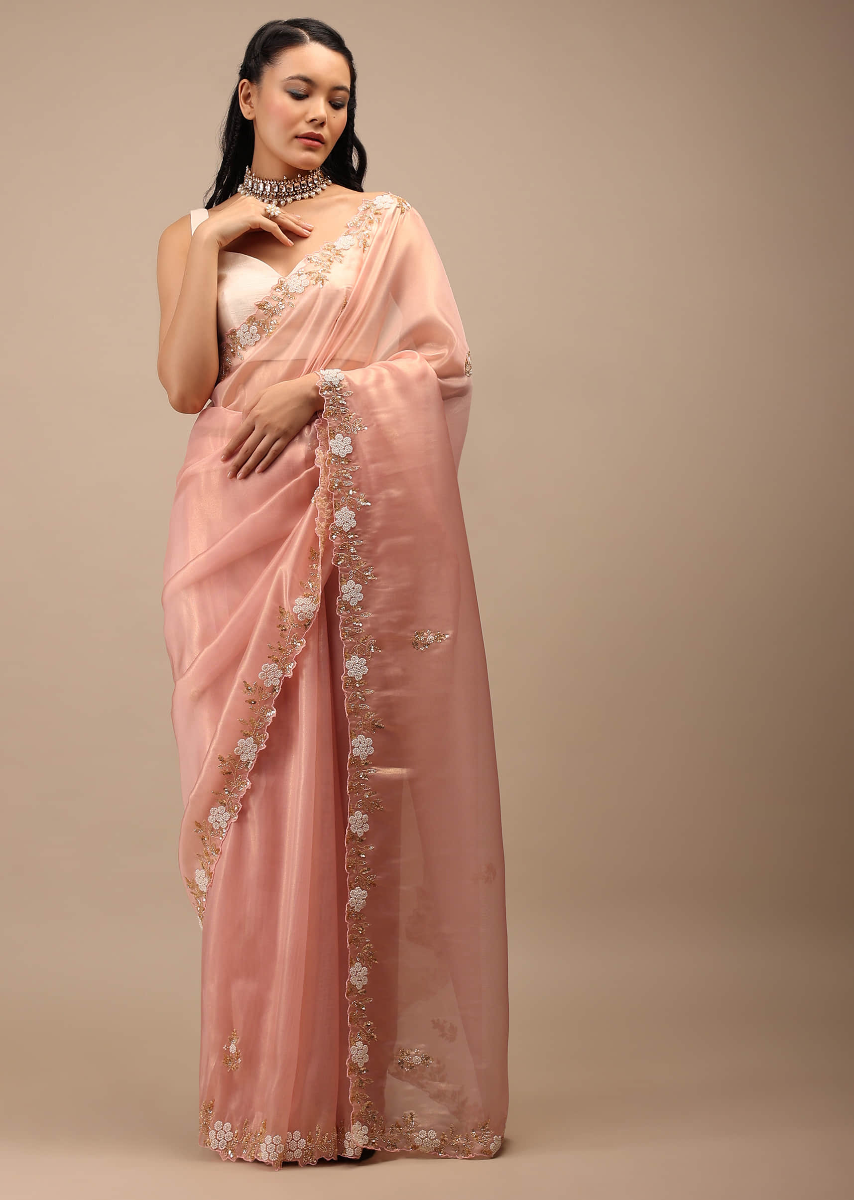 Moti and Cut Dana Embroidery Mellow Rose Glass Tissue Saree | KALKI ...