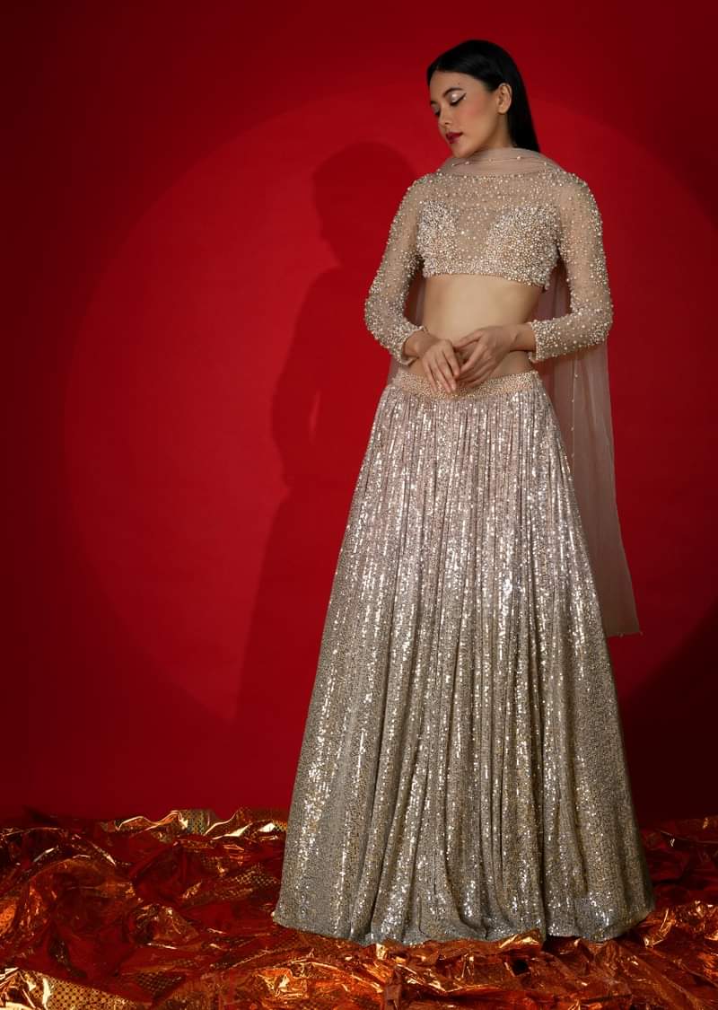 Buy Melon Peach Ombre Lehenga In Sequins Fabric With Moti Embroidered ...