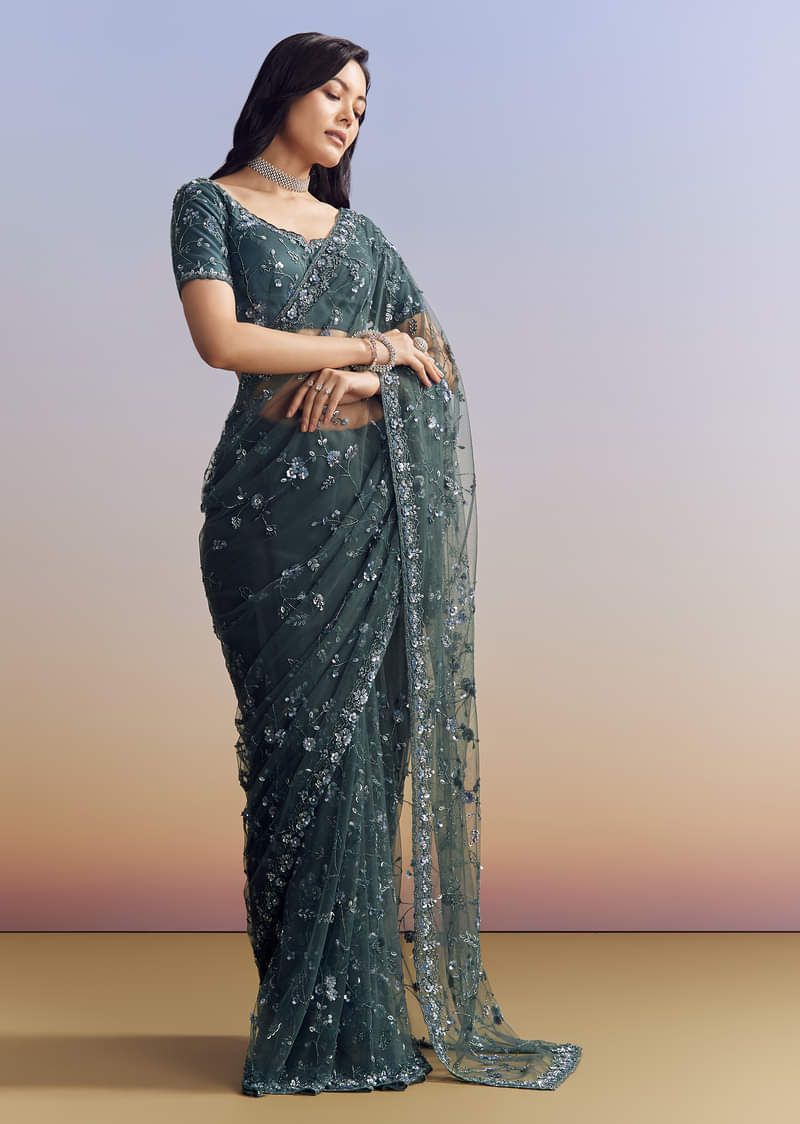 Buy Midnight Blue Net Saree With Floral Jaal And Statement Embroidery