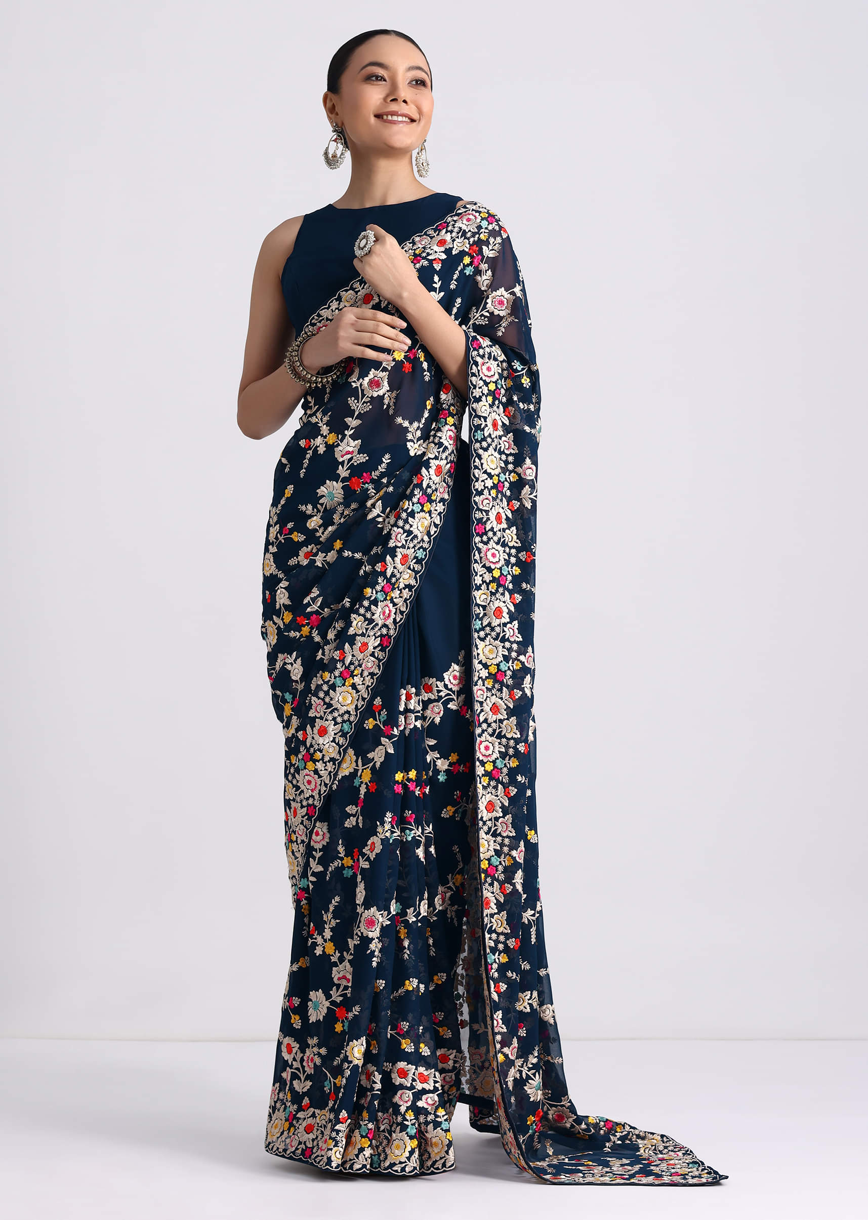 Buy Midnight Blue Saree With Parsi Gara Work| KALKI Fashion India